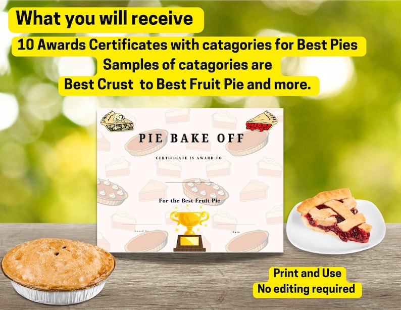 Pie Competition Awards Certificate Bundle,pie Contest Kit, Pie Baking ...