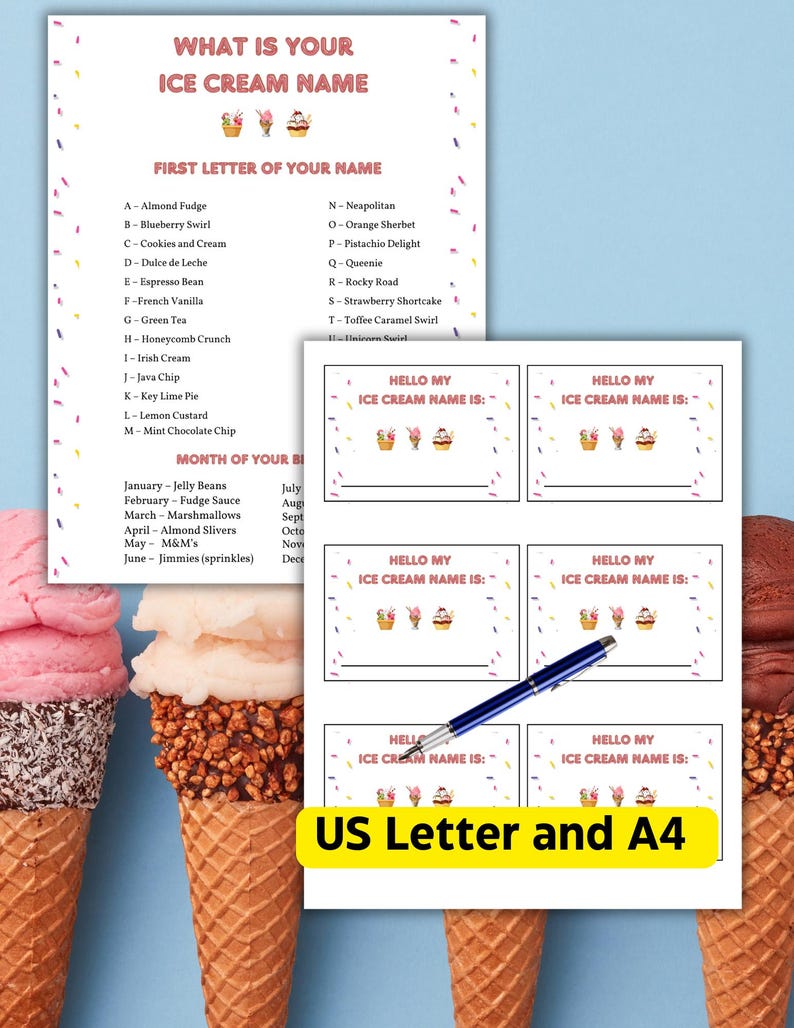 Ice Cream Name Game: Printable Birthday Party Activity, Ice Cream ...
