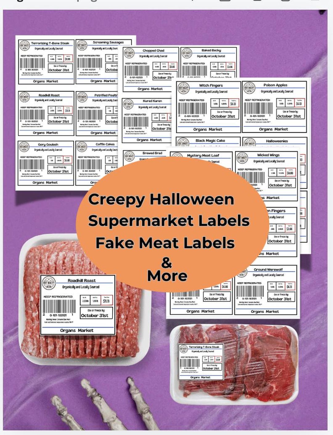Printable Halloween Fake Meat Labels: Funny Food Pranks (PDF) Halloween ...