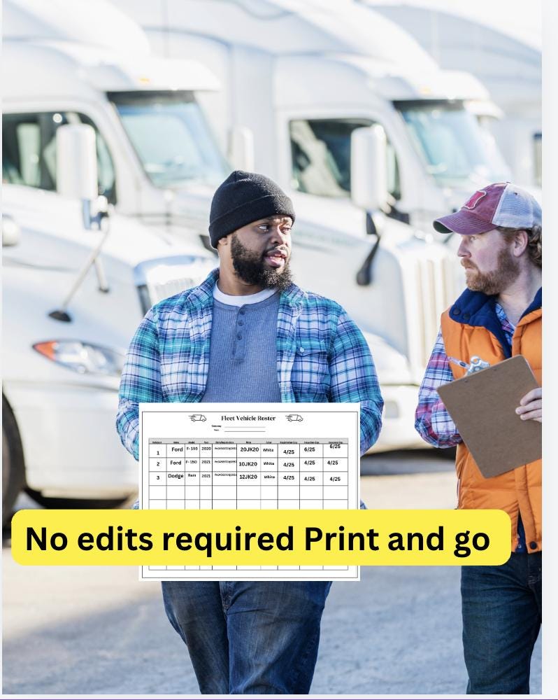 Printable Fleet Vehicles Roster, Vehicle Tracker,truck Tracker, Fleet ...