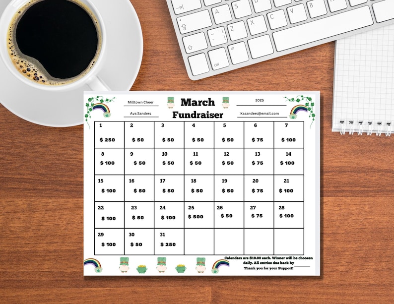 Printable March Cash Calendar Raffle: Sports & Dance Fundraiser (PDF ...