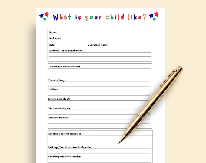 Printable Daycare All About Me Form, Child Information Sheet, Daycare ...