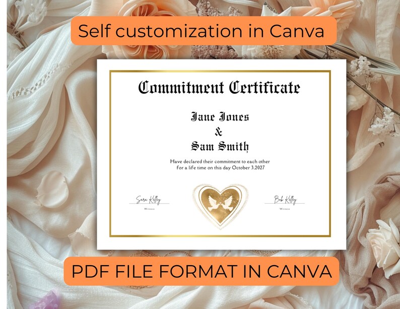 Commitment Vow Certificate Gold Heart & Dove Design,editable and Custom ...