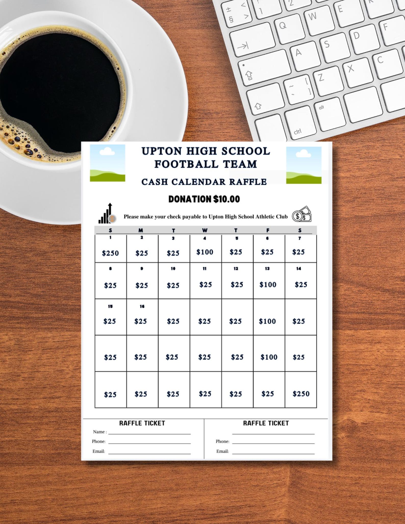Printable Cash Calendar Raffle and Tickets,sports Team Cash Calendar ...