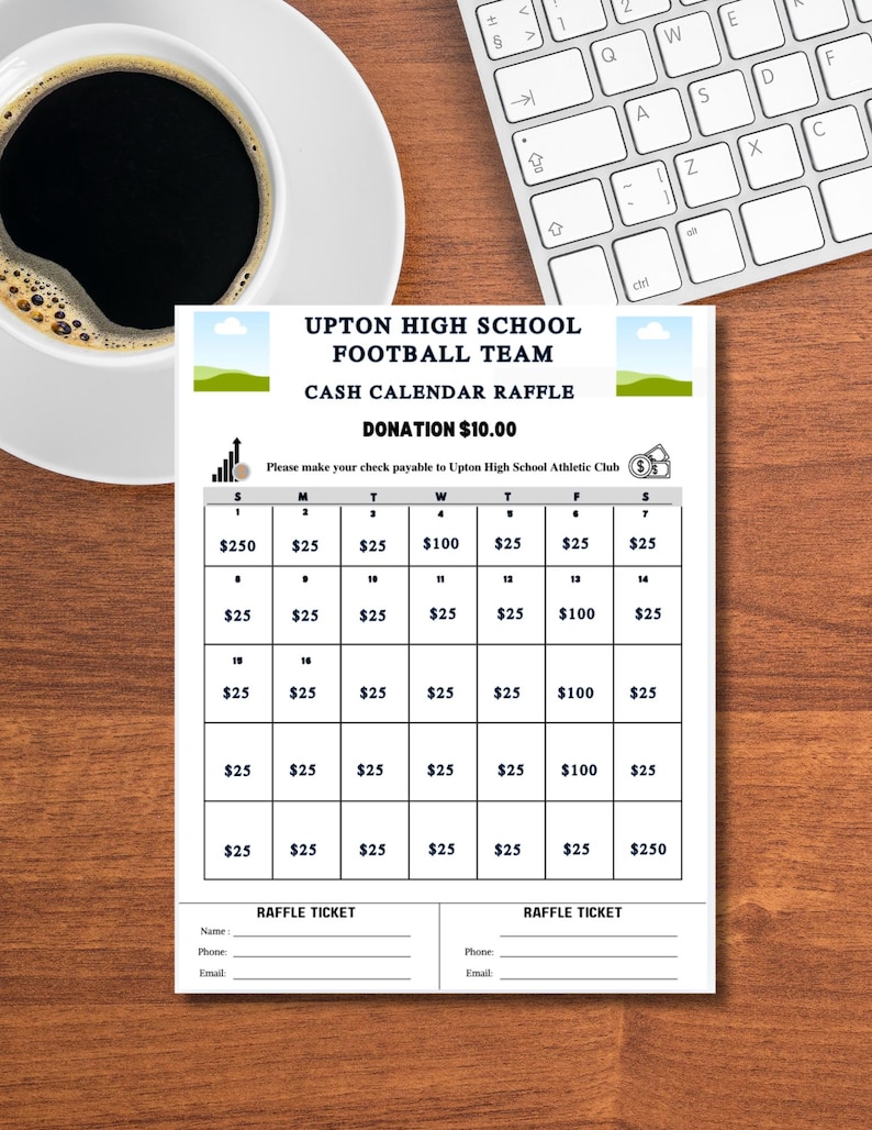 Printable Cash Calendar Raffle and Tickets,sports Team Cash Calendar ...