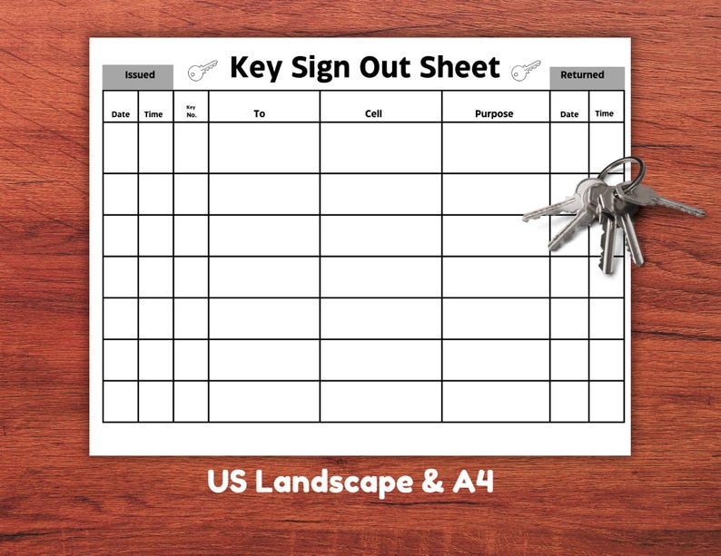 Printable Key Sign Out Sheet: Key Log Template (US Letter, A4, A5) (PDF ...
