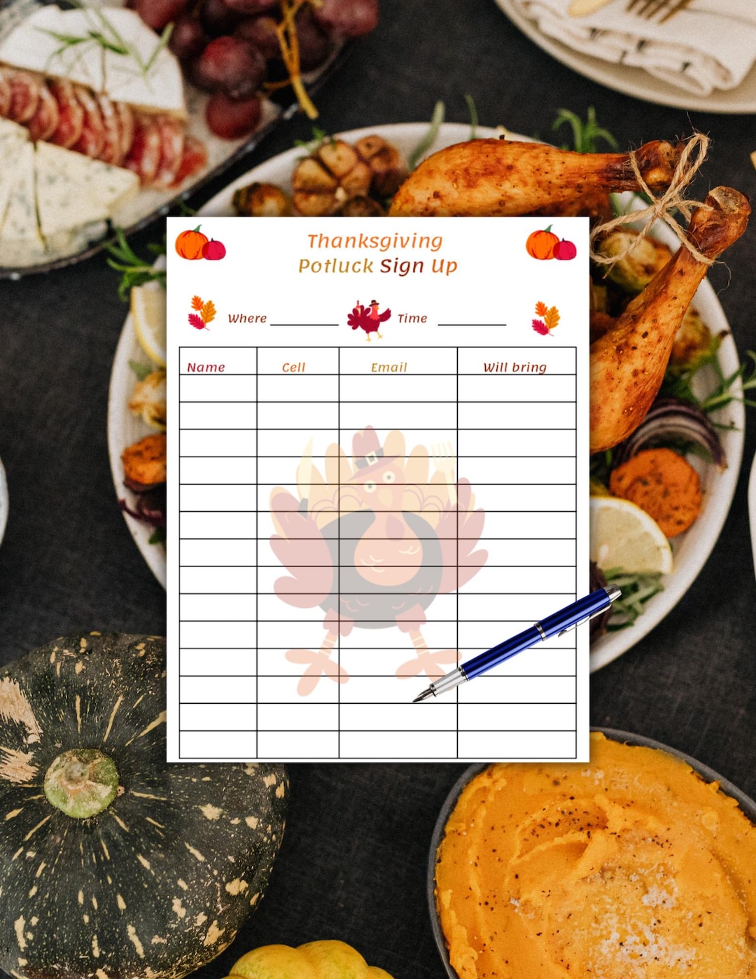 Thanksgiving Potluck Sign-up Sheet,printable Dinner Party Planner ...