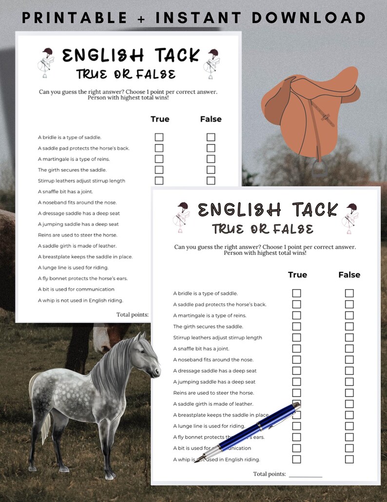 English Horse Tack True or False,horse Trivia Game, Horse Party Game ...
