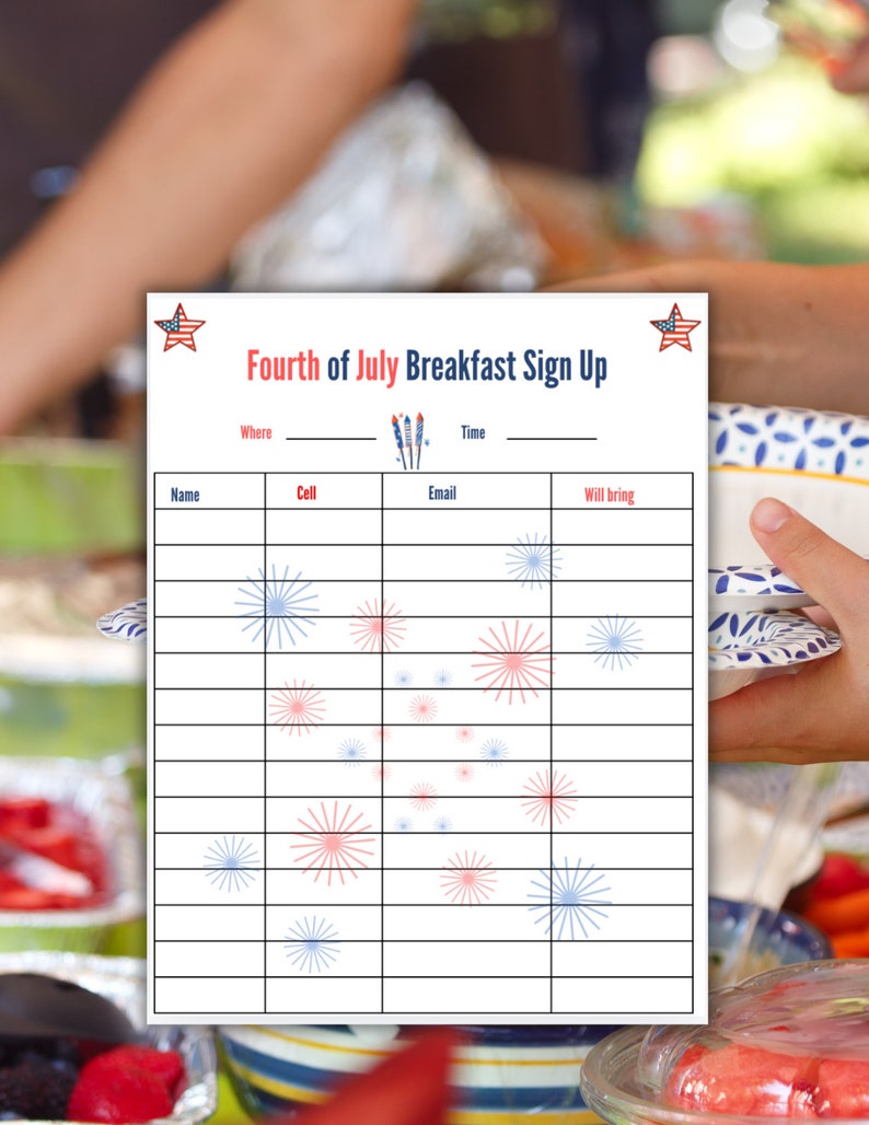 July 4th Breakfast Potluck Sign-up Sheet: Printable PDF - Etsy