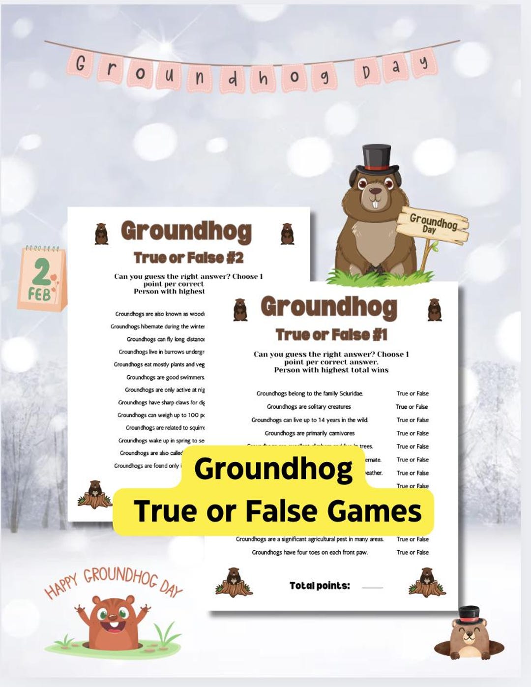 Groundhog Day Trivia Game: Kids & Adult True or False (printable PDF ...