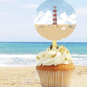 Seascapes Cupcake Toppers and Decor, Coastal Lighthouse Beach Theme ...