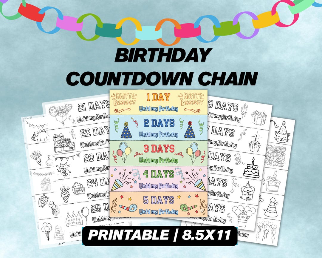 Birthday Countdown Chain Coloring Page, Kids Activity,birthday ...