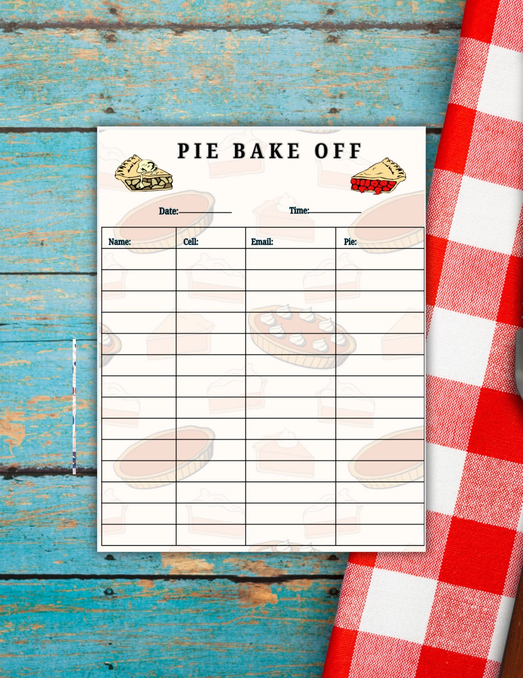 Pie Contest Sign-up Sheet: Printable Baking Competition Form (digital ...