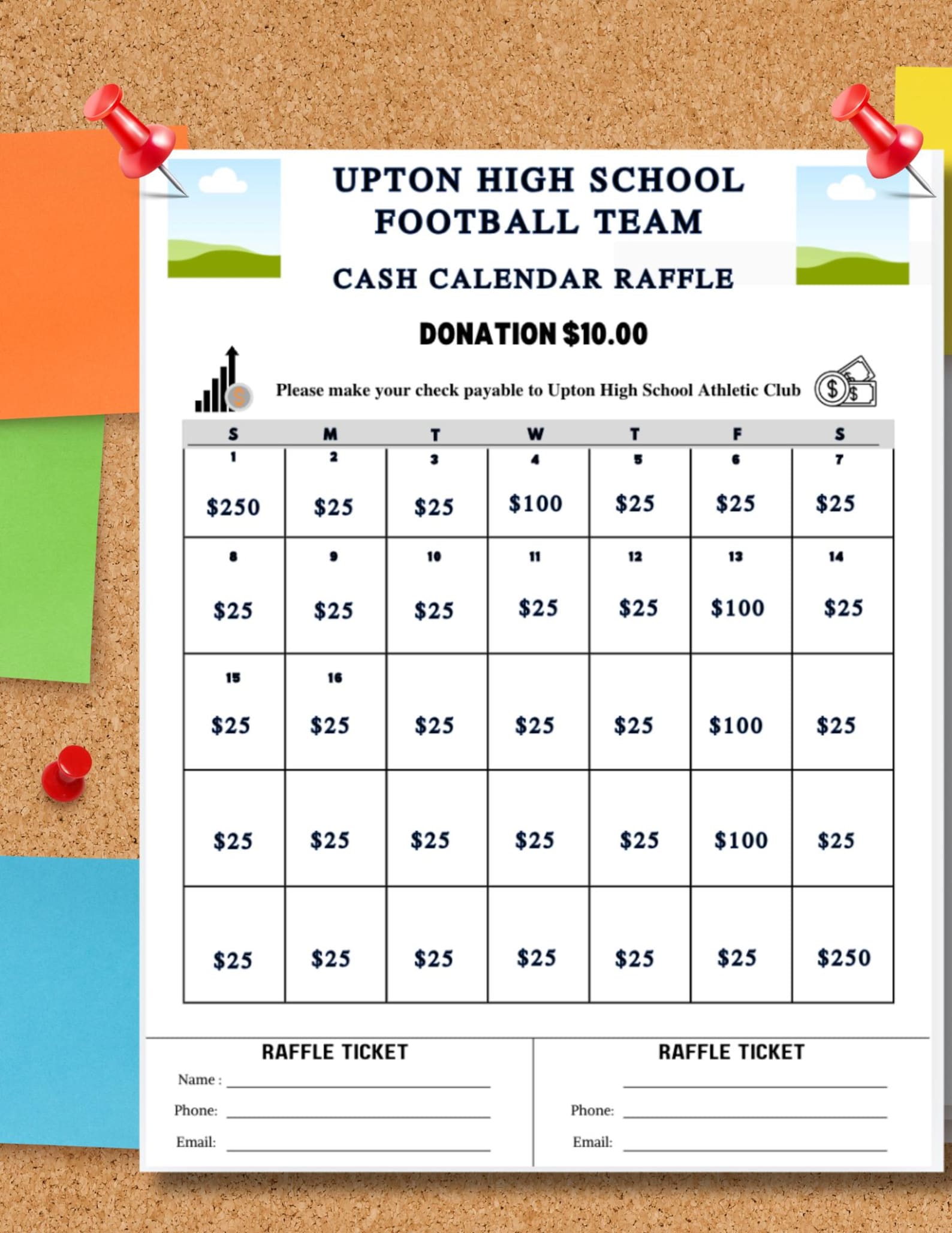 Printable Cash Calendar Raffle and Tickets,sports Team Cash Calendar ...