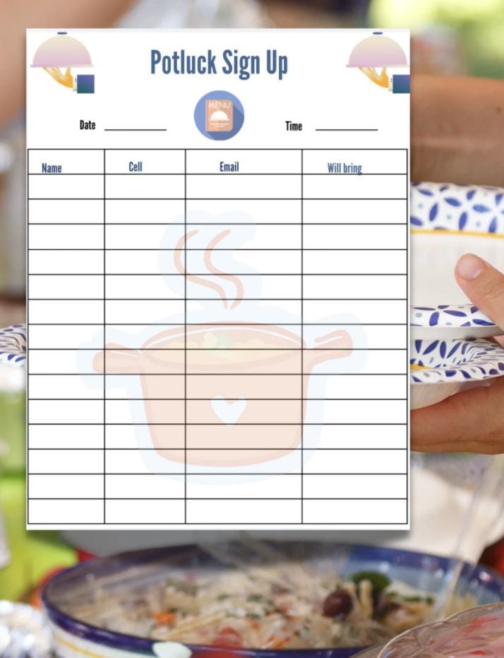 Potluck Sign up Sheet: Printable Food Menu,printable Food Organizer ...