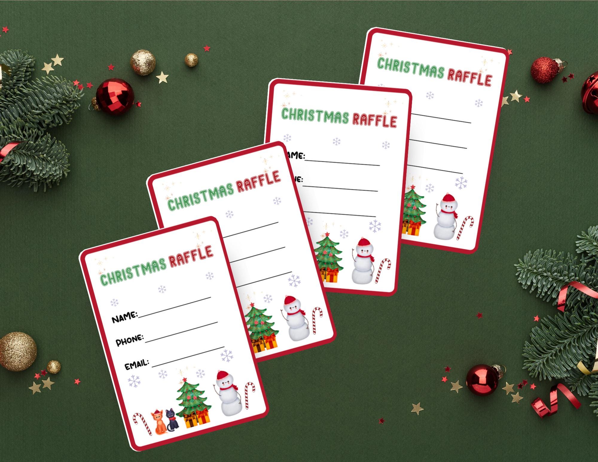 Printable Christmas Raffle Tickets: Snowman & Cats Holiday Theme (PDF ...