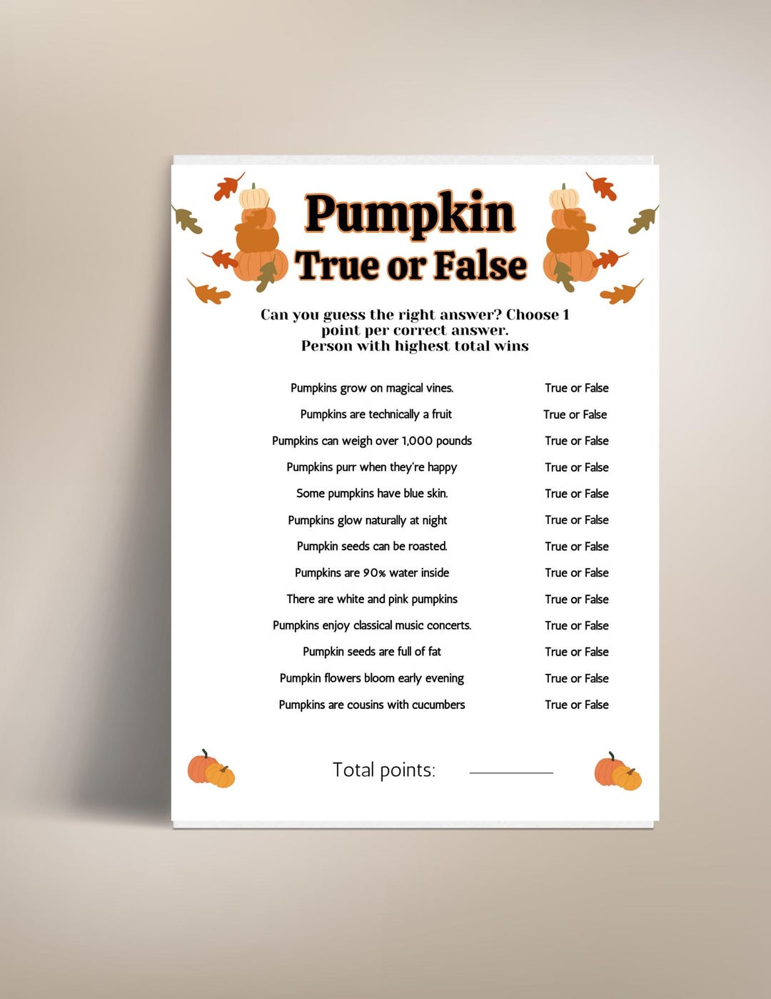 Pumpkin Trivia Game: True or False, Fall Activity (printable PDF) Fall ...