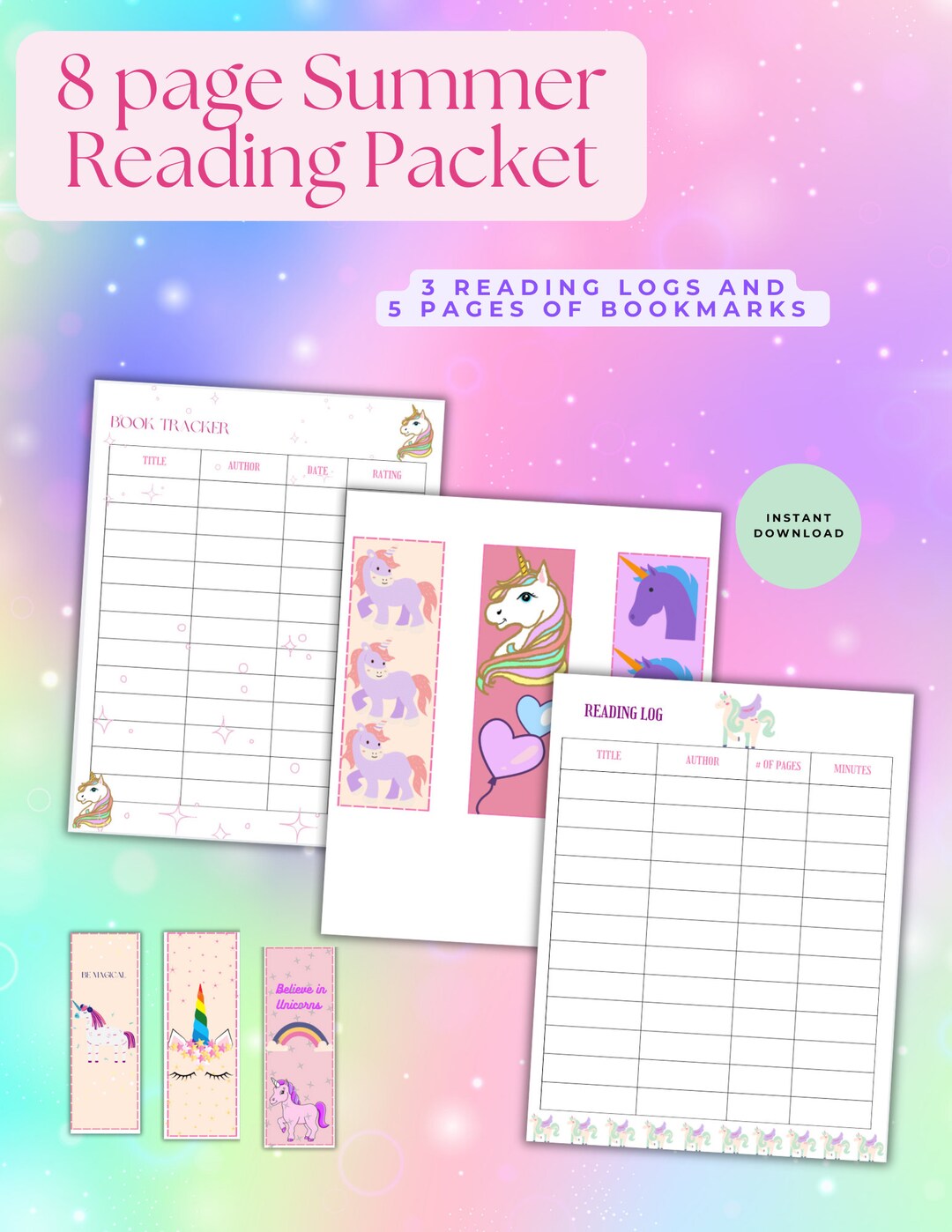 Printable Kids Unicorn Bookmarks & Summer Reading Log Sheets for Kids ...