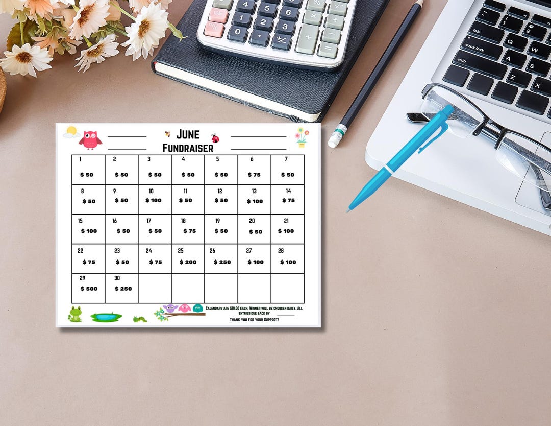 Printable June Cash Calendar Raffle, Cash Calendar Fundraiser,daily ...