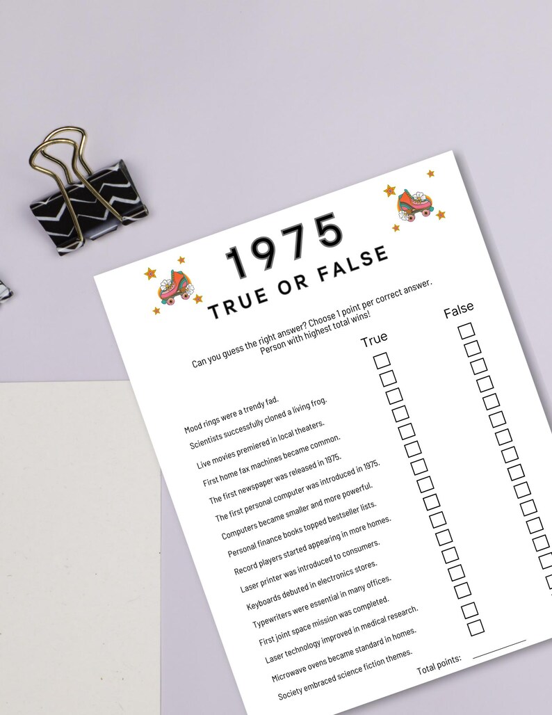 1975 Trivia Game,true or False Birthday Party, 50th Birthday Party ...