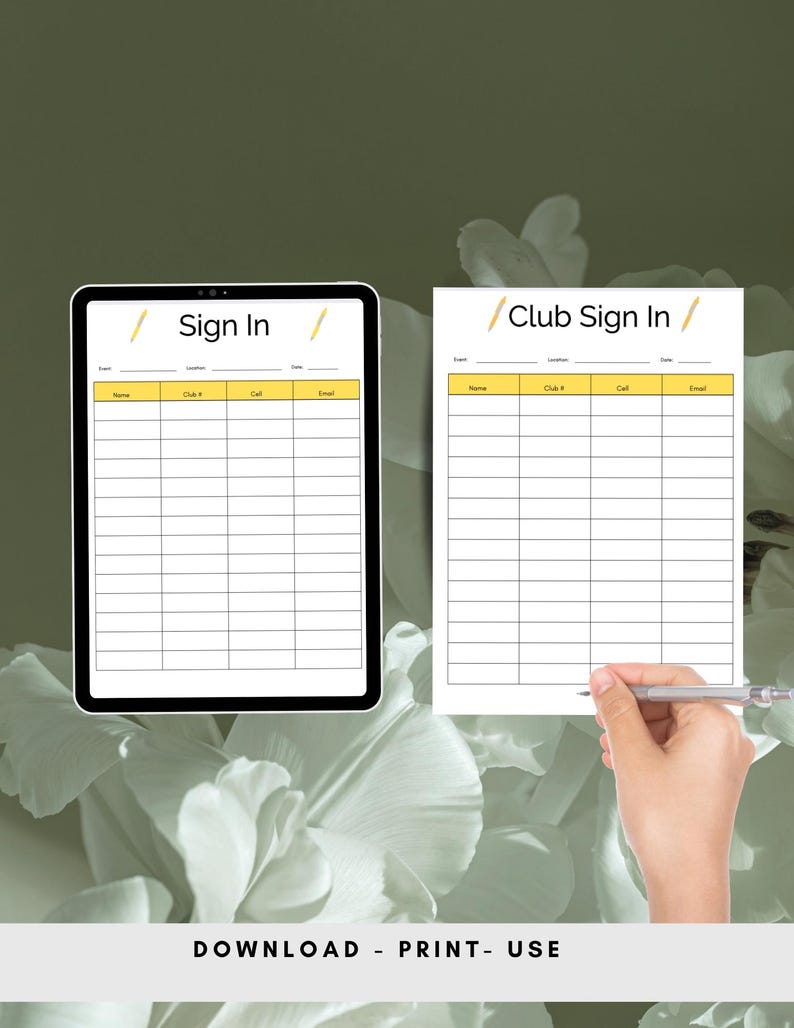 Club Sign-in Sheet: Printable Attendance Roster, Club Sign up Sheet ...