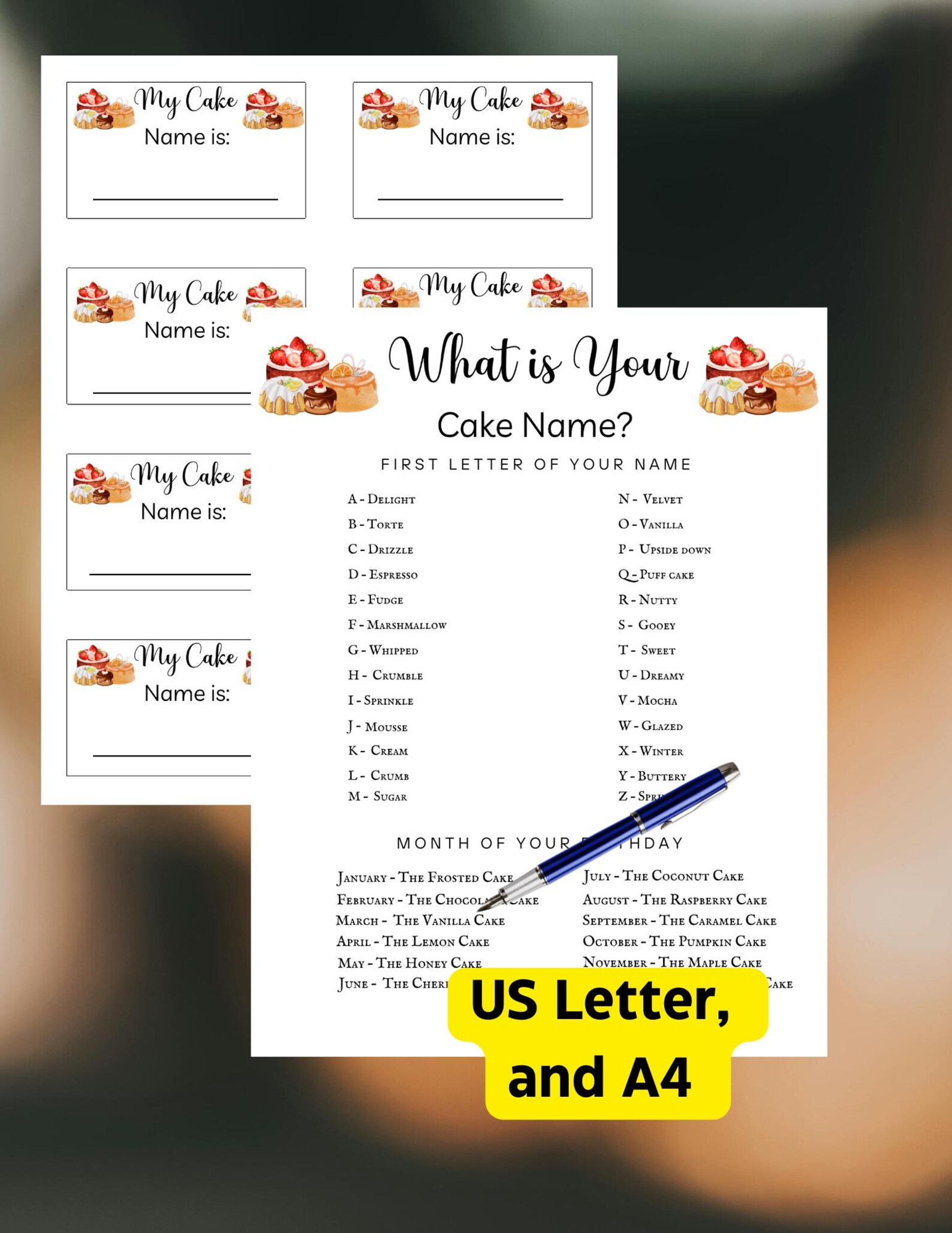 What is Your Cake Name Game,printable Cake Party Game,dessert Themed ...