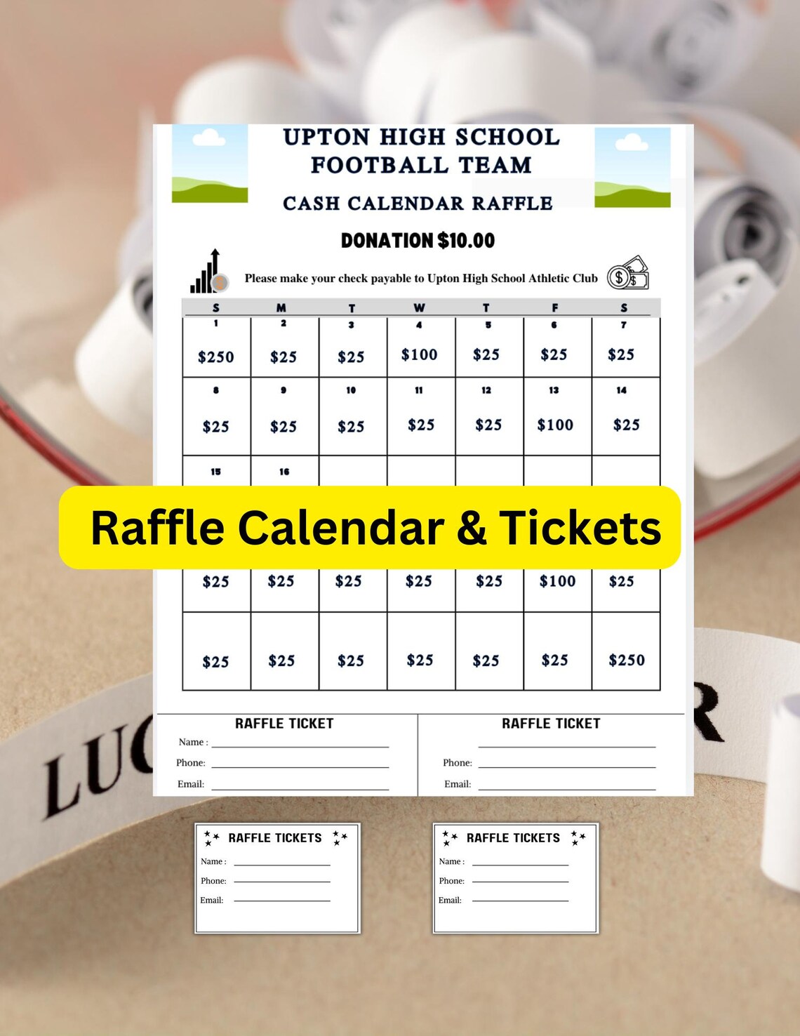 Printable Cash Calendar Raffle and Tickets,sports Team Cash Calendar ...
