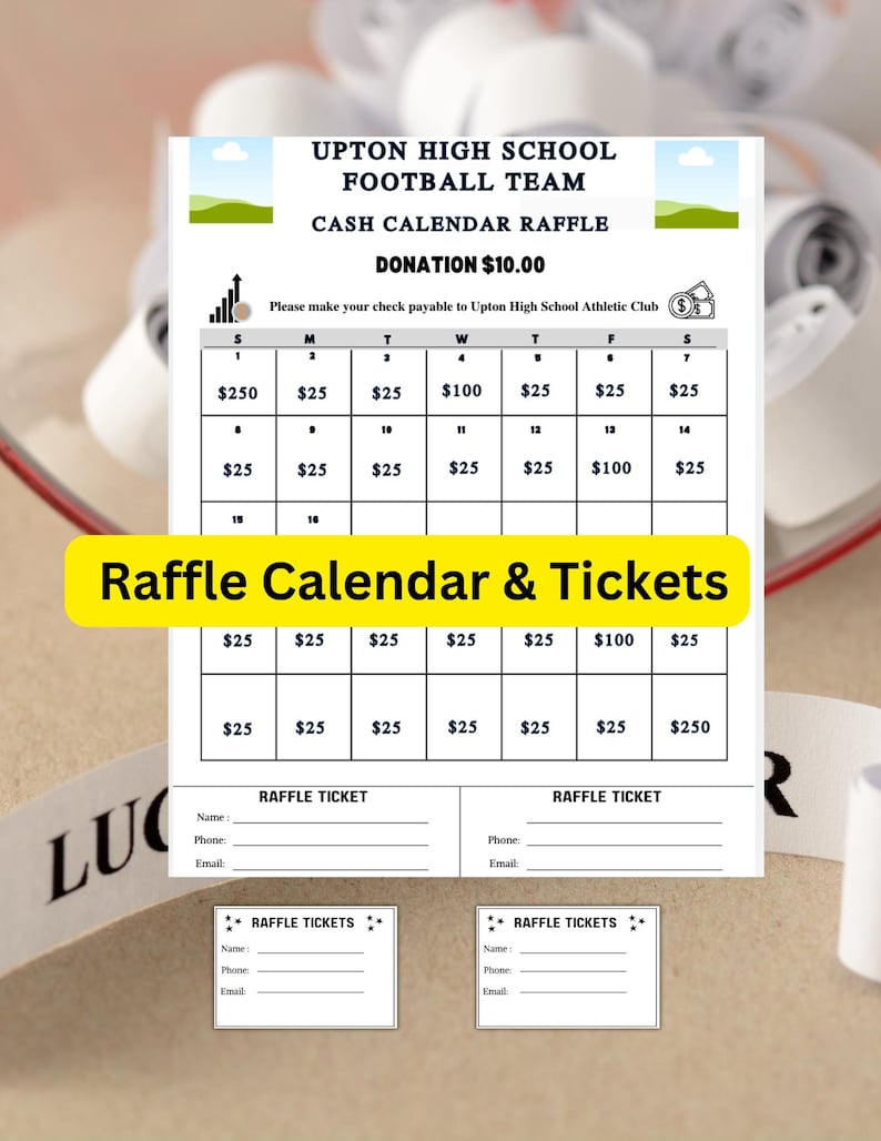 Printable Cash Calendar Raffle and Tickets,sports Team Cash Calendar ...