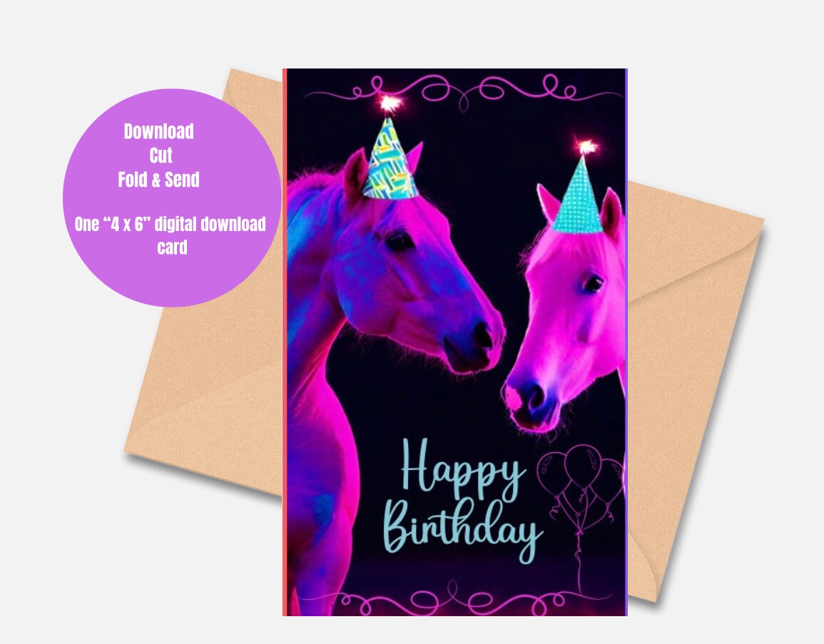 Funny Horse Birthday Card: Neon Equestrian Design (PDF Printable ...
