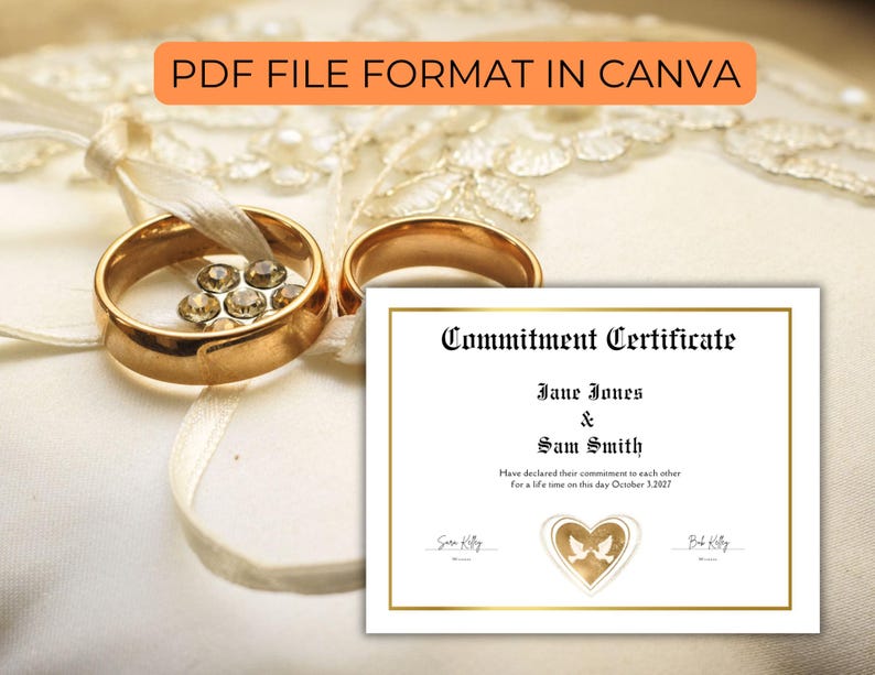 Commitment Vow Certificate - Gold Heart & Dove Design,editable and ...