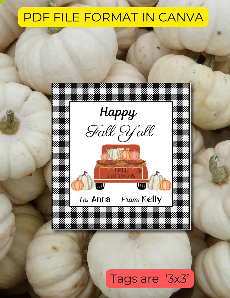 Happy Fall Y'all Gift Tags: Pumpkin Truck Plaid (PDF Printable) Fall ...