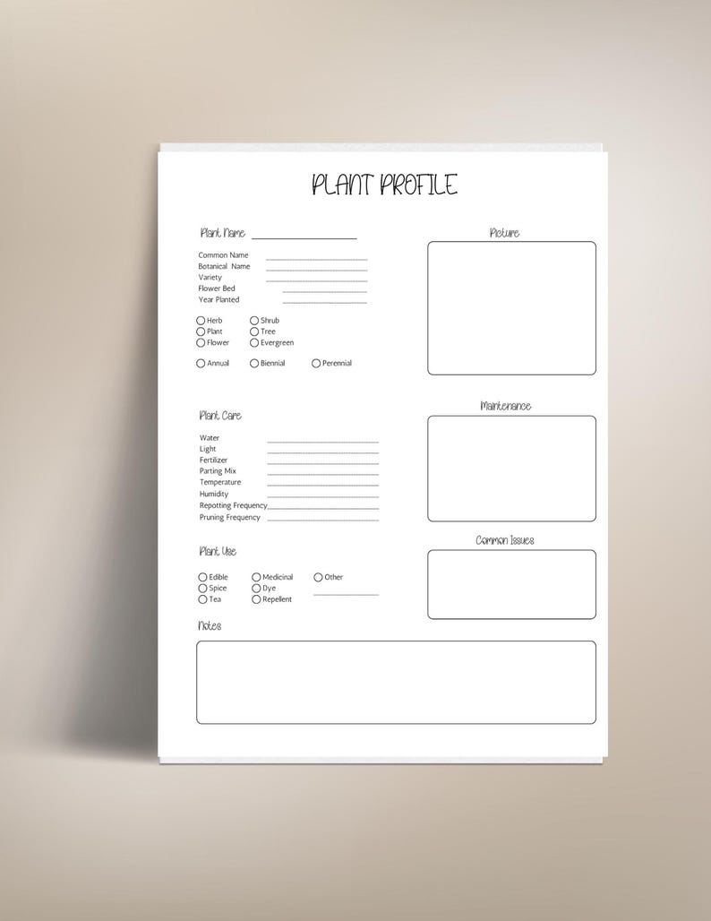Plant Profile Sheet Printable,indoor & Outdoor Plant Care Log ...