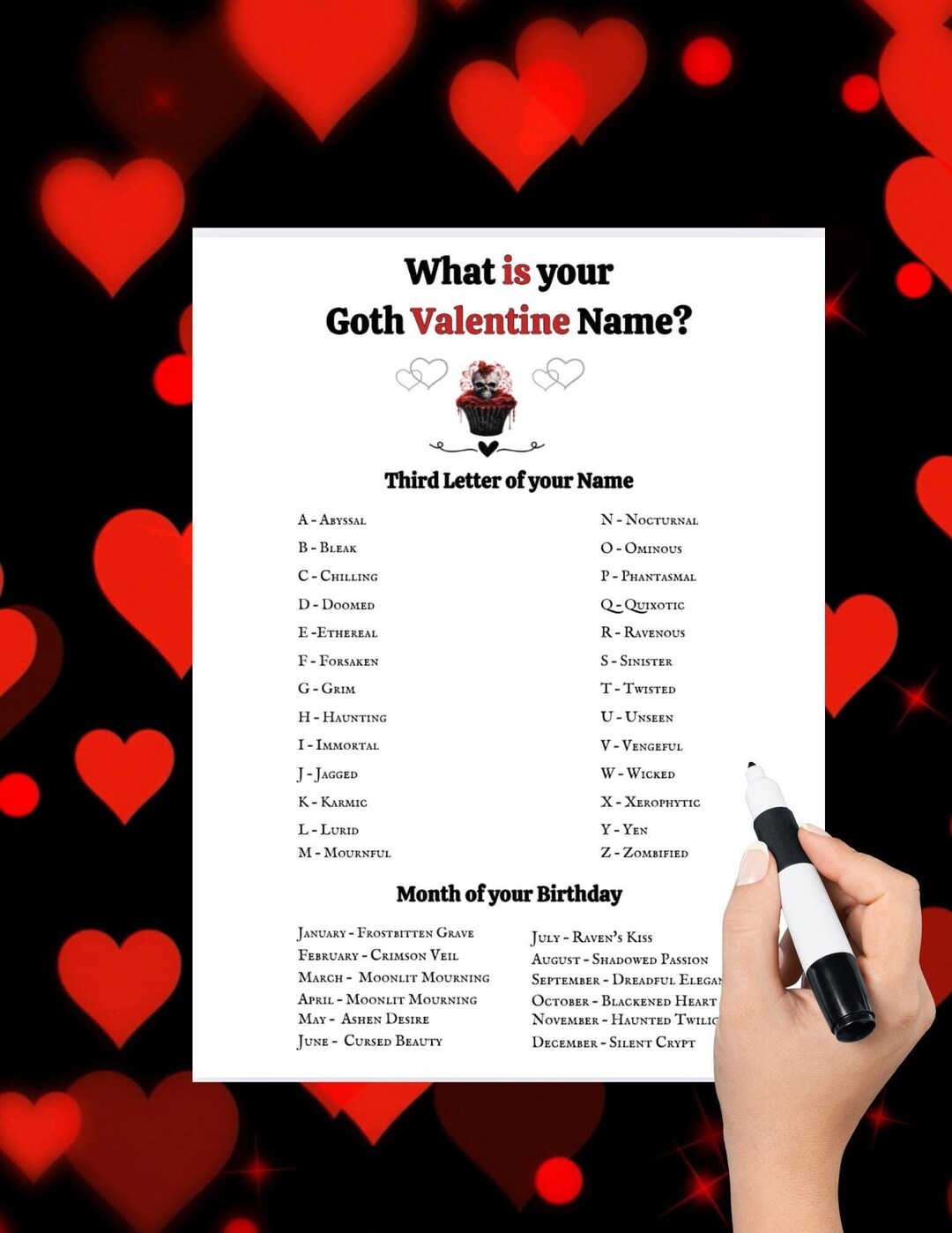 What is Your Goth Valentine Name,goth Game Printable, Goth Valentine ...