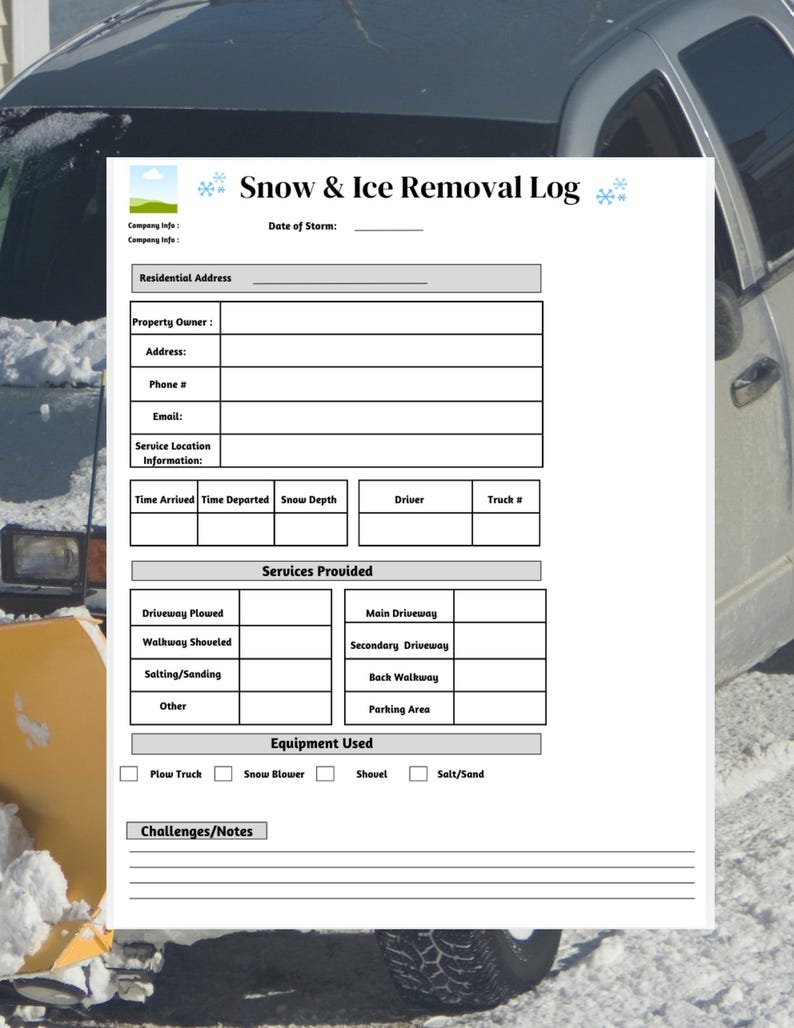 Printable Snow Removal Log,residential Ice Removal Tracker, Winter ...