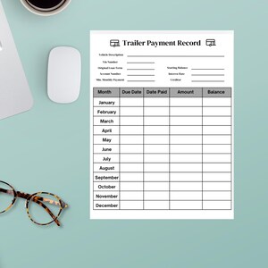 Printable Trailer Loan Tracker,payment Record Sheet,trailer Payment Log ...