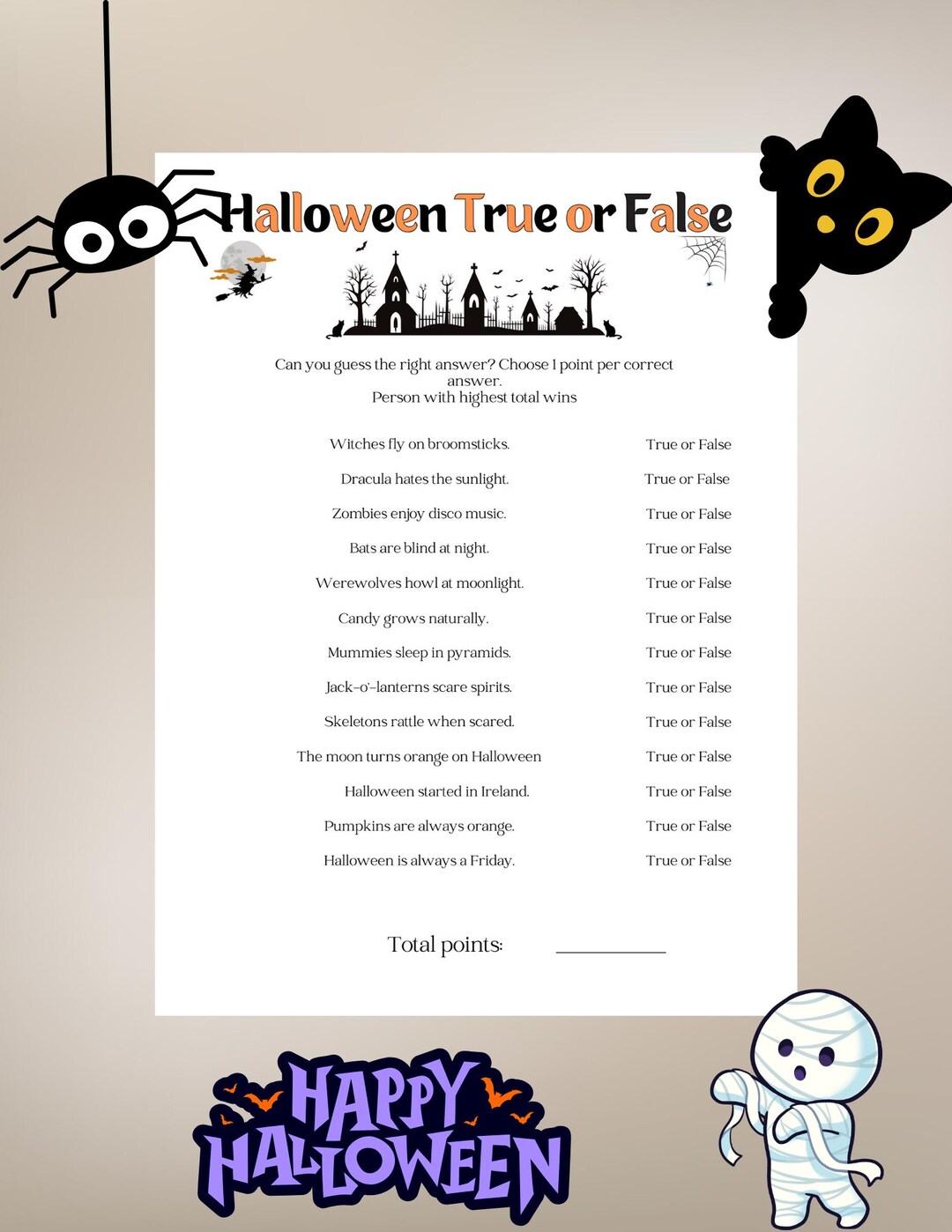 Halloween True or False Game: Printable Trivia (PDF Download, 8.5x11 ...