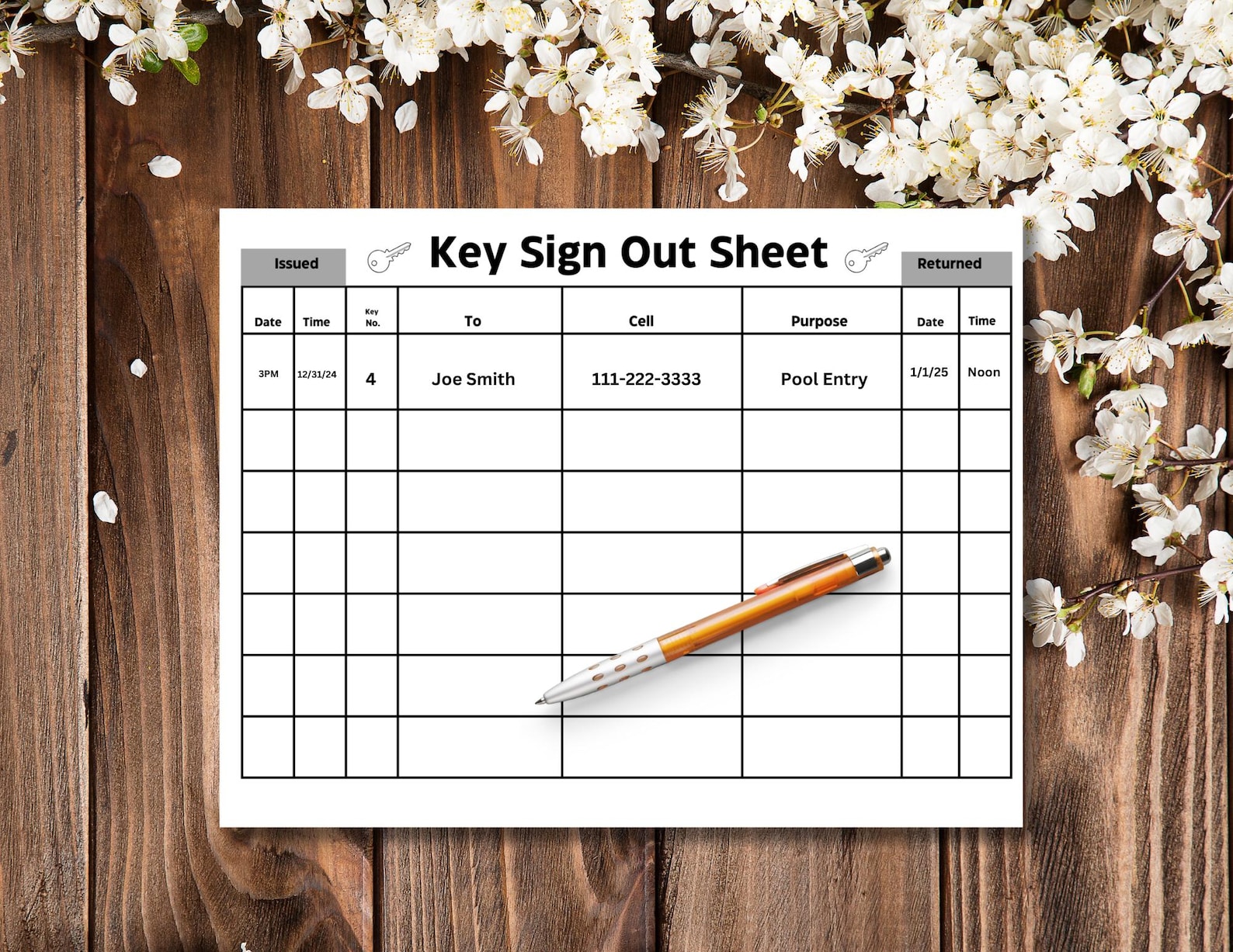 Printable Key Sign Out Sheet,key Log Template,key Sign Out Sheet ...