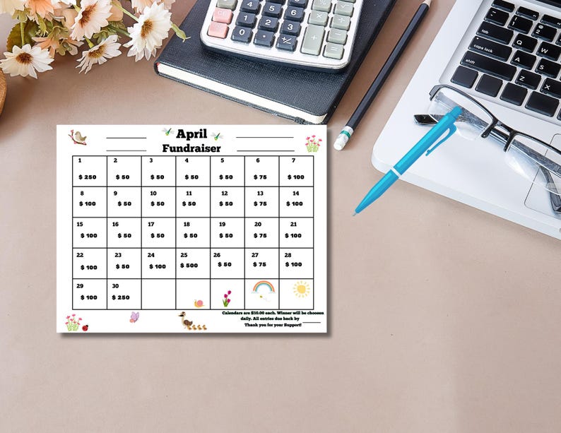 Printable April ,cash Calendar Raffle,sports,dance Team,april Cash ...