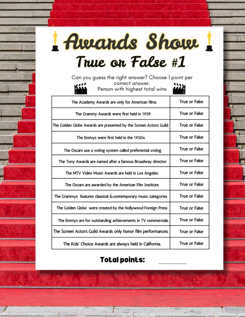 Awards Show True or False Trivia Game, Awards Trivia Game, Kids and ...