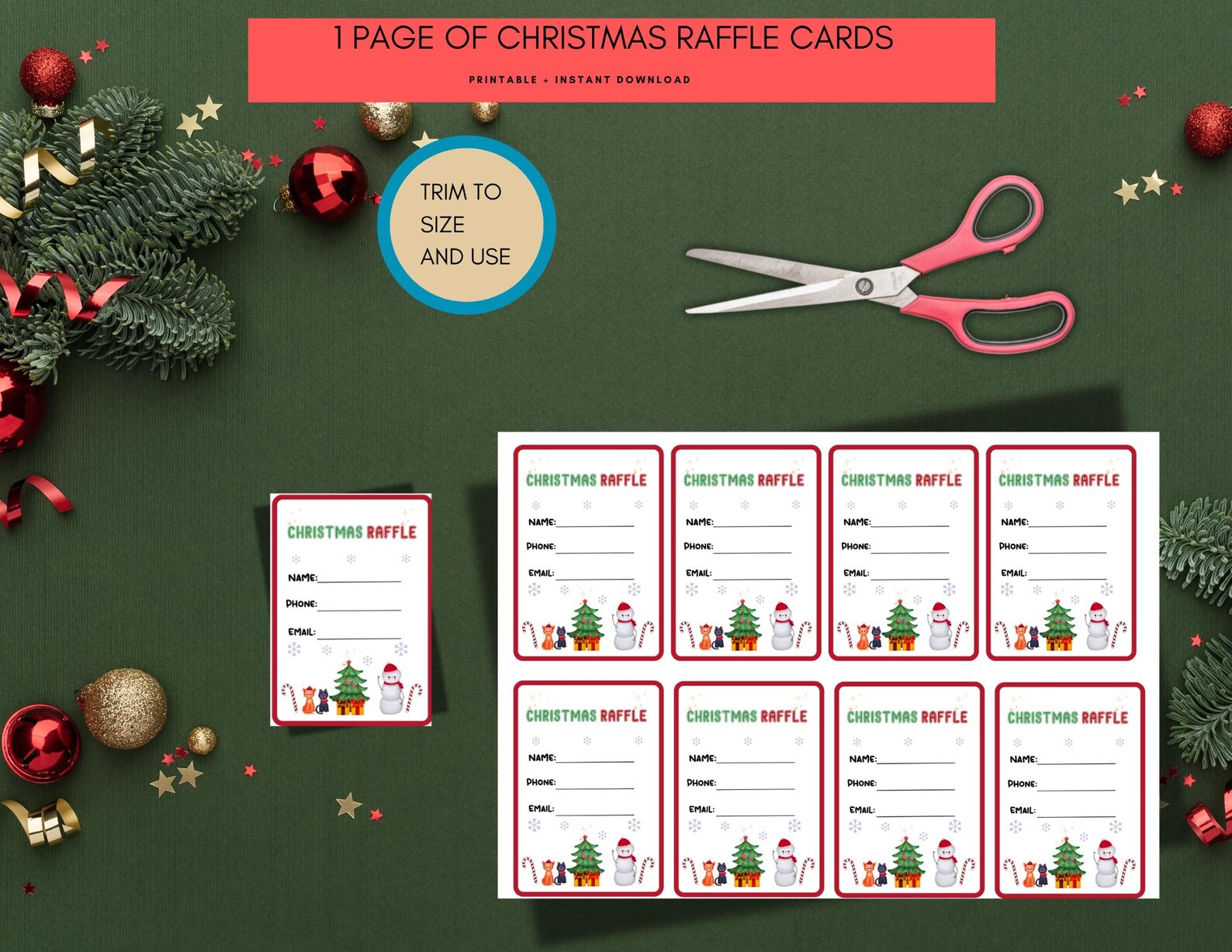 Printable Christmas Raffle Tickets: Snowman & Cats Holiday Theme (PDF ...