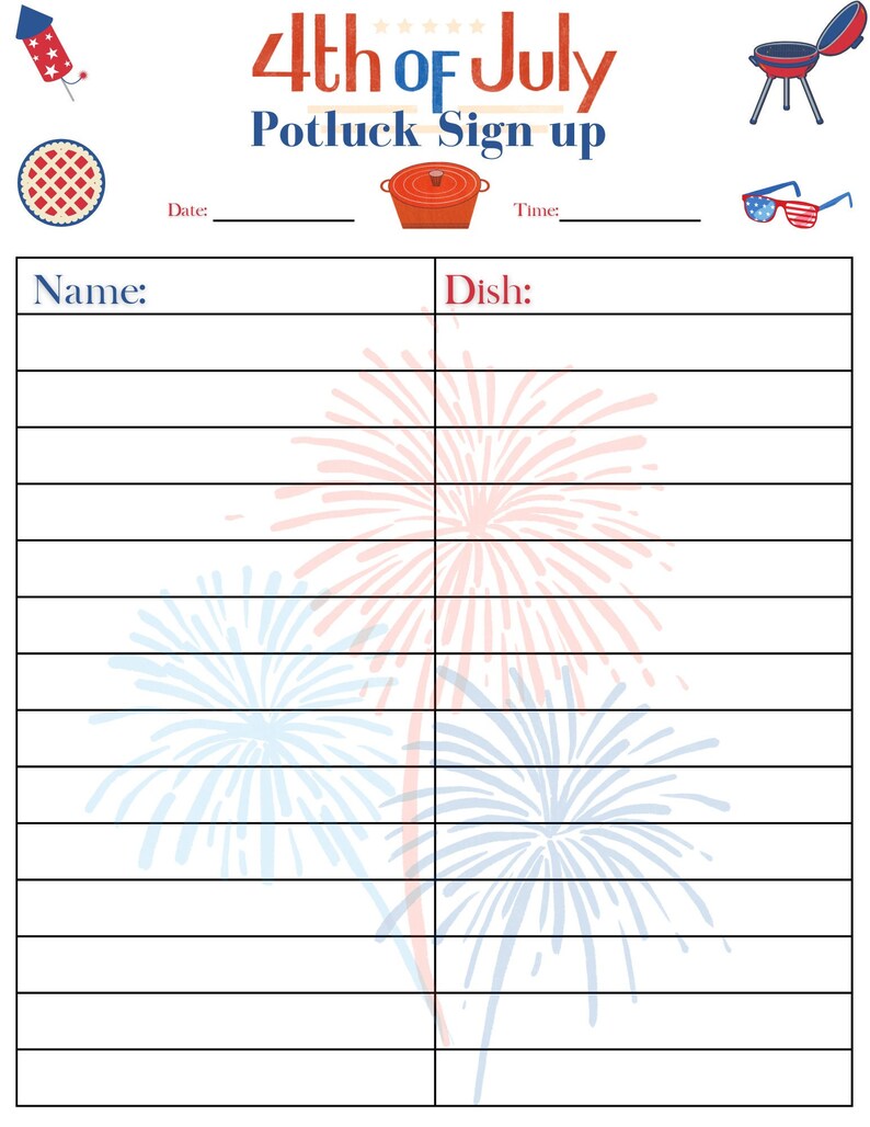 July 4th Editable Custom Potluck Sign up Sheet - Etsy