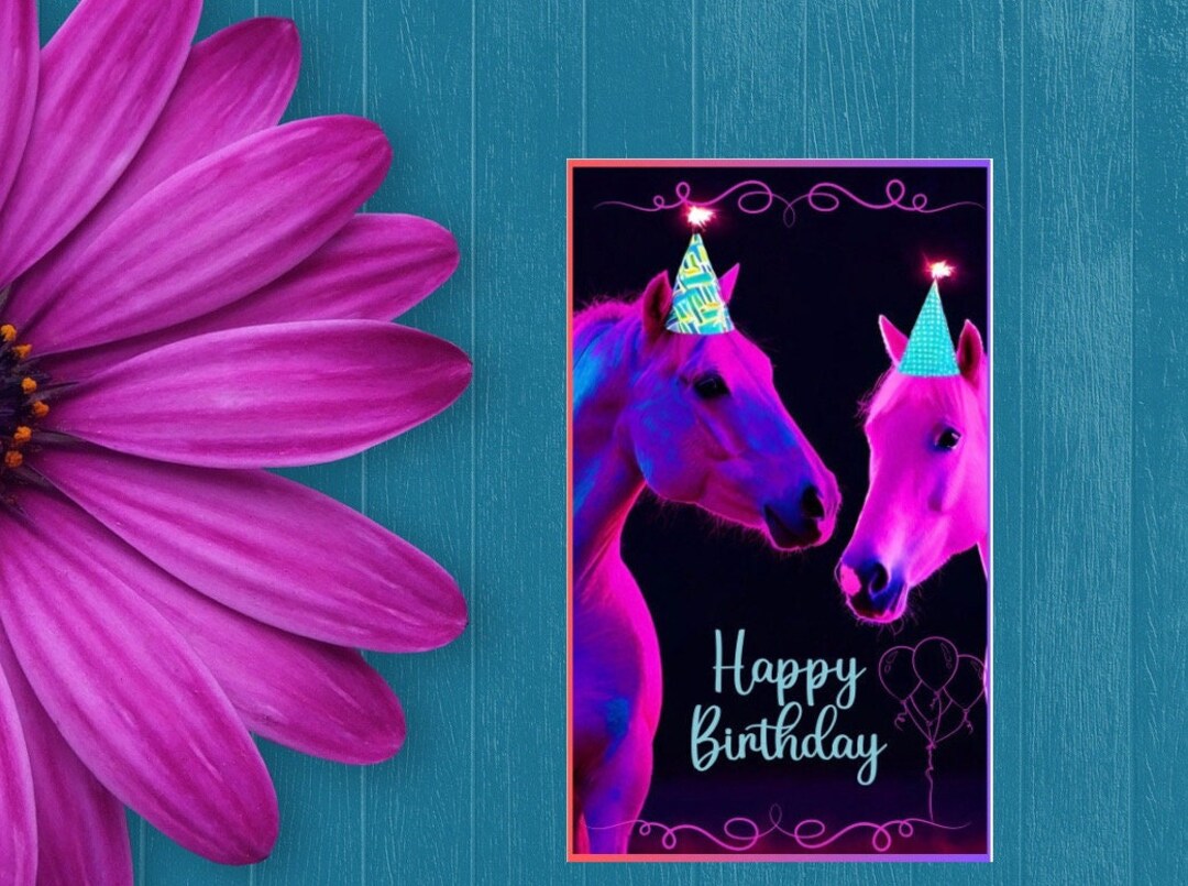 Funny Horse Birthday Card: Neon Equestrian Design (PDF Printable ...