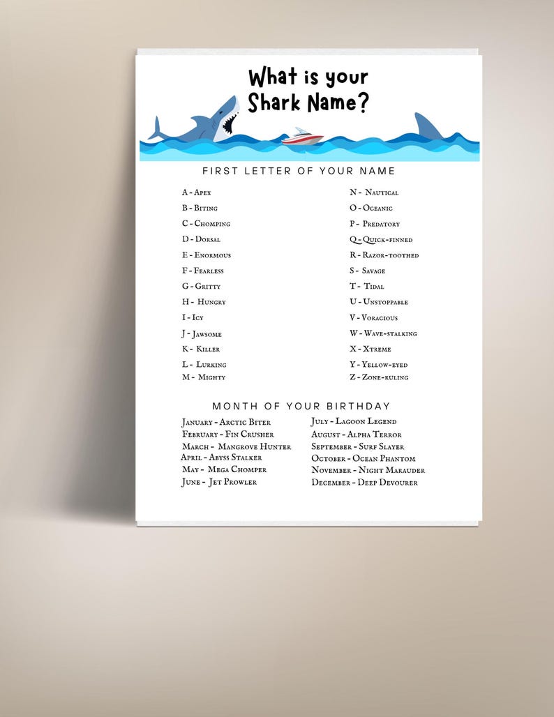 Shark Name Game Printable – Fun Shark Party Icebreaker, Ocean Birthday ...