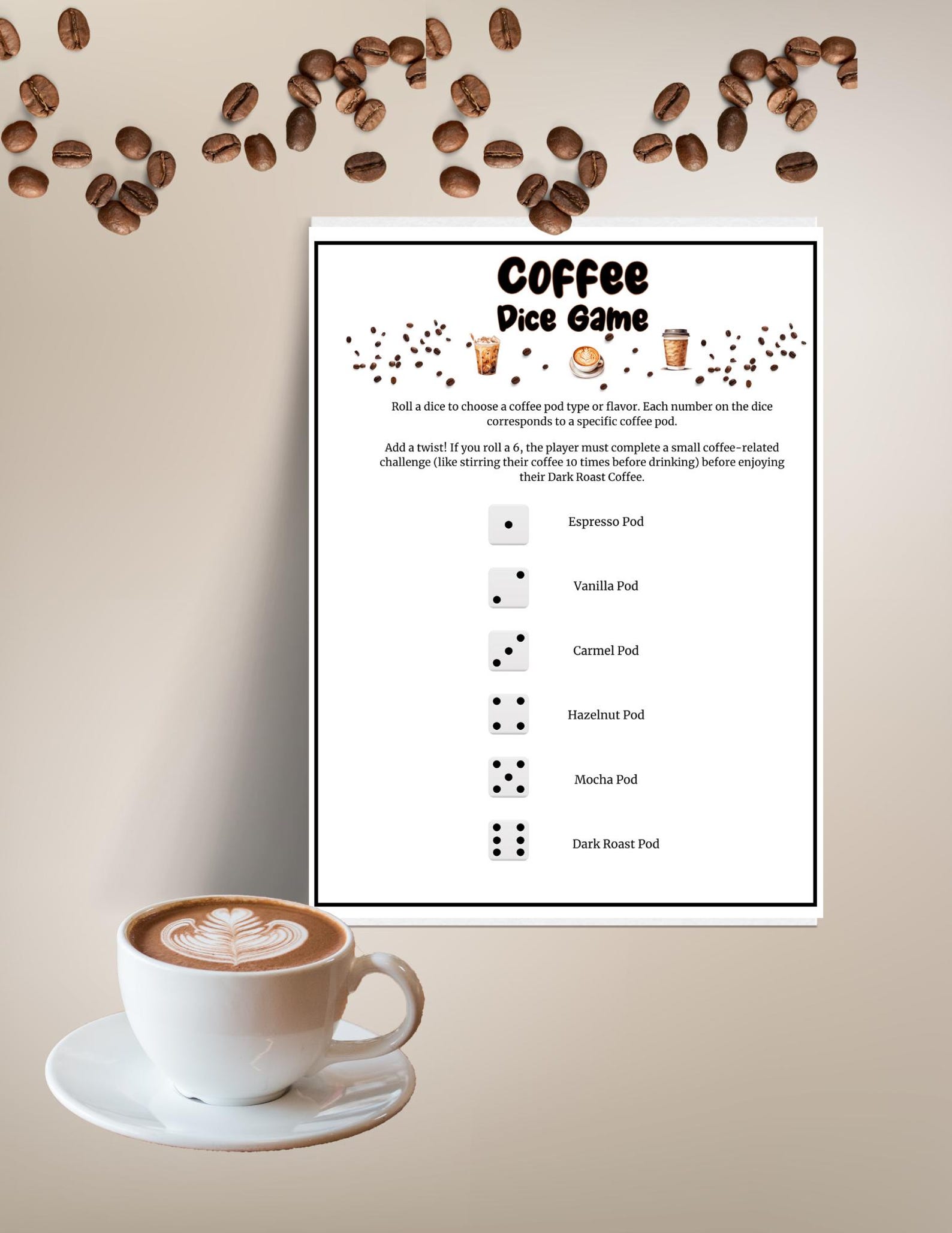 Coffee Dice Game,printable Coffee Party,fun Printable Café-themed Dice ...
