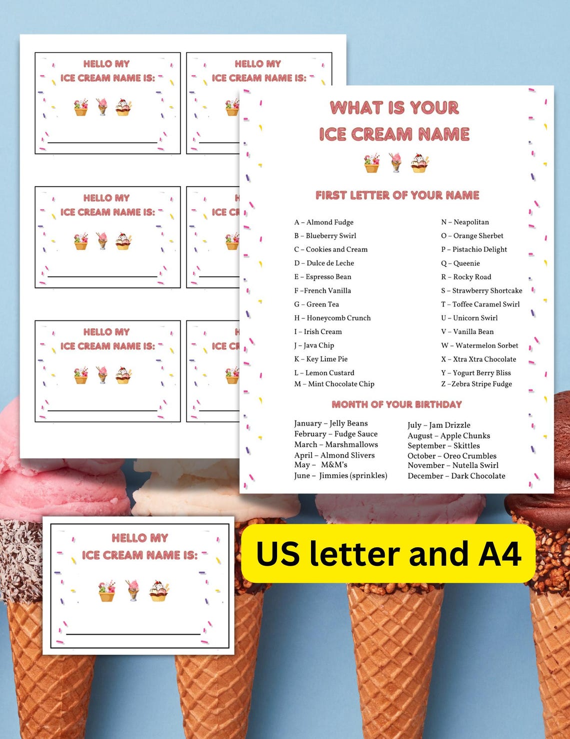 Ice Cream Name Game: Printable Birthday Party Activity, Ice Cream ...