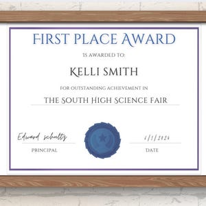First Place Award Certificate Trophy ,editable and Customizable,well ...