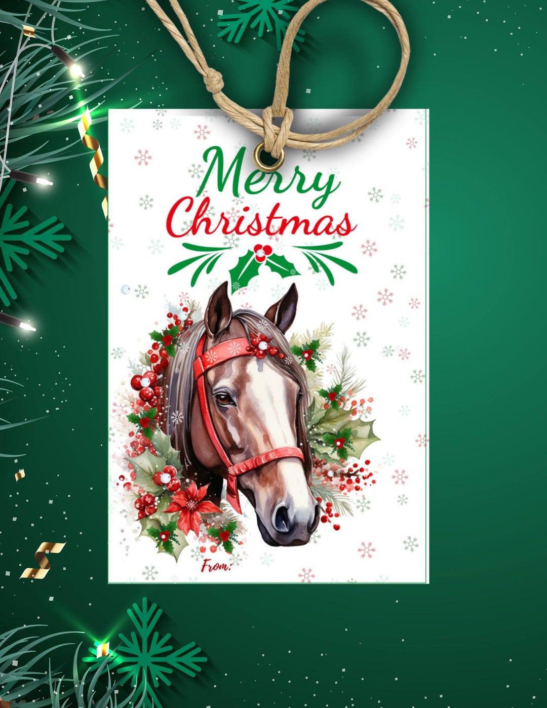 Printable Equestrian Tag, Horse Themed Christmas Gift Tag, Festive Gift ...