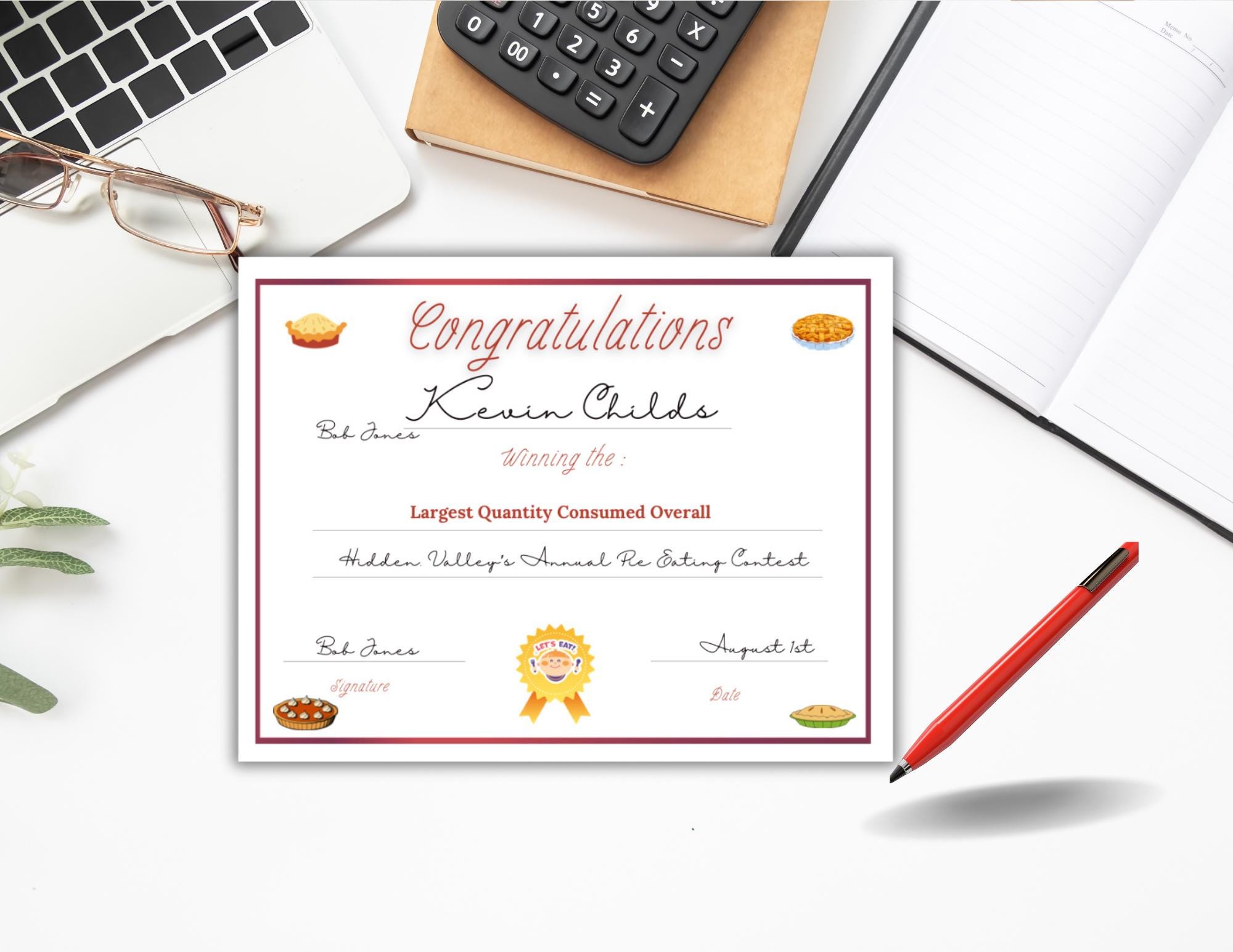 Pie Eating Contest Award Certificates,printable Pie Eating Contest ...