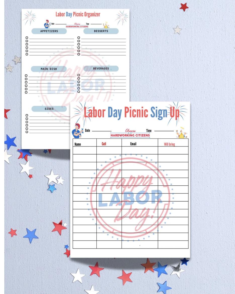 Labor Day Picnic Sign-up Sheet & Menu Organizer,printable Potluck Sheet ...