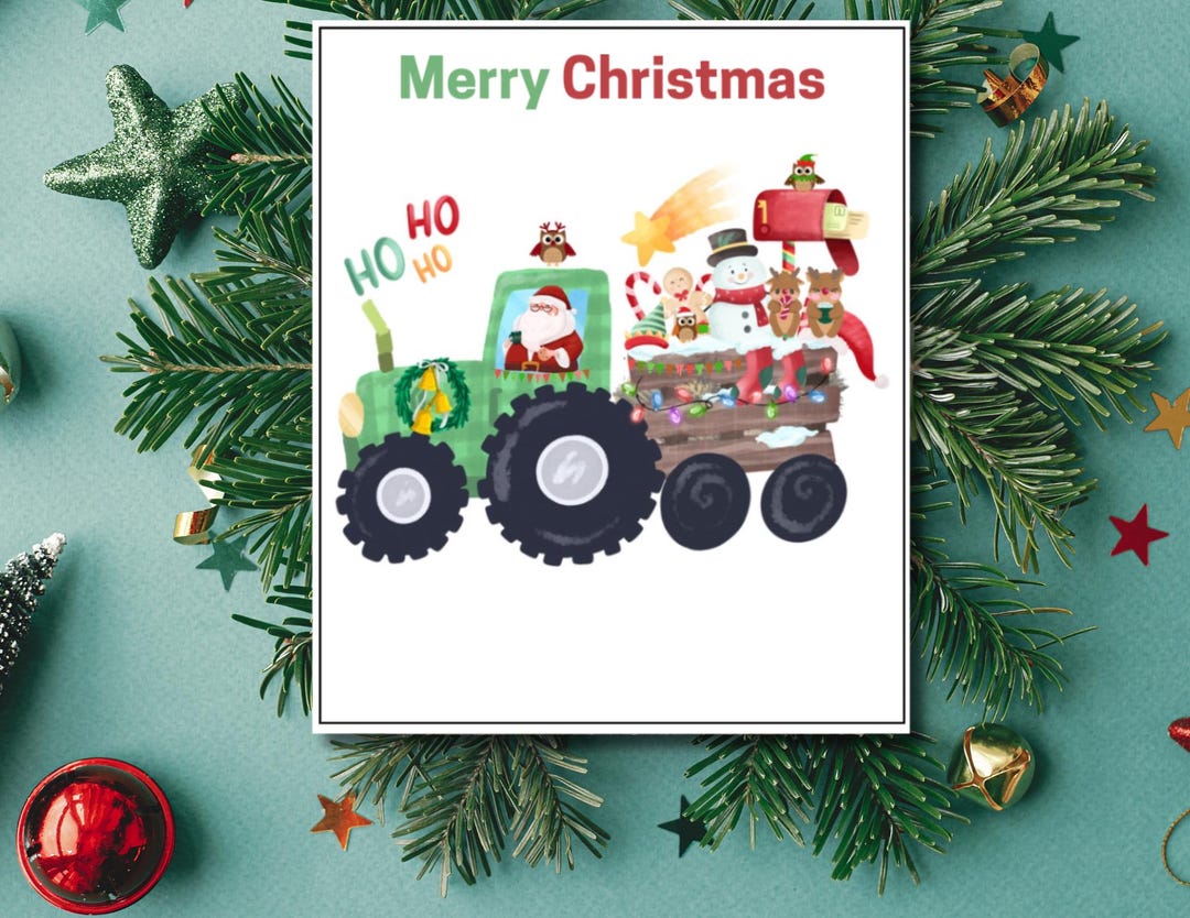 Printable Christmas Card Santa Riding a Tractor Themed Card, Christmas ...
